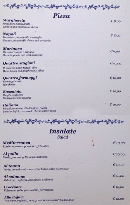 Menu at Da Francesco pizzeria, Rome, Via Sora 48