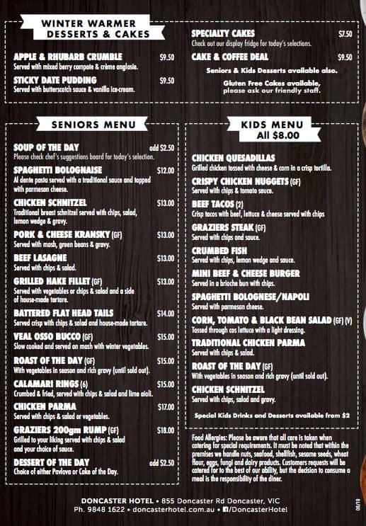 Menu at Doncaster Hotel pub & bar, Doncaster