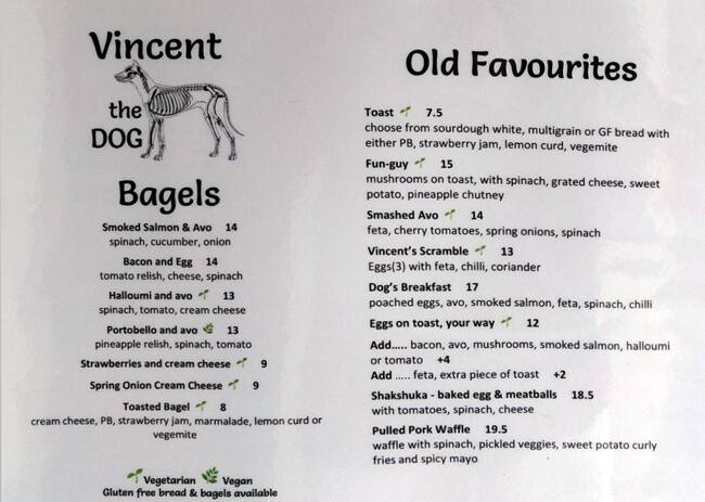 Menu at Vincent the Dog restaurant, Carlton