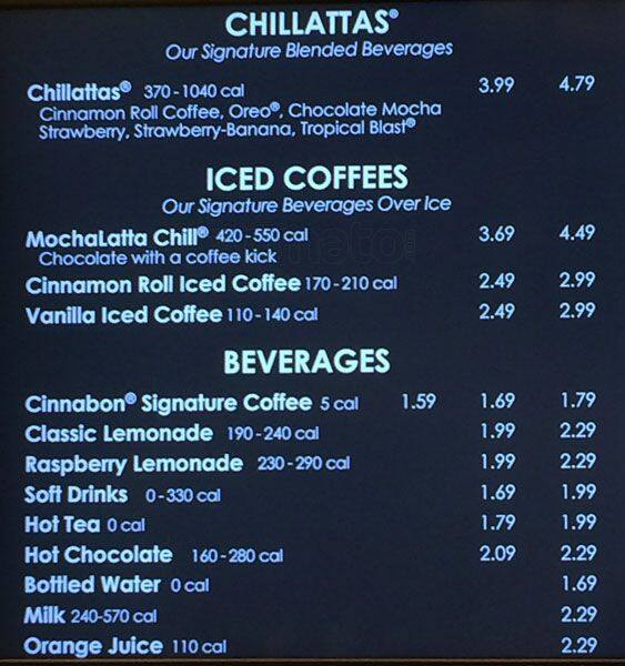 Menu at Cinnabon desserts, Milpitas, 175 Great Mall Dr