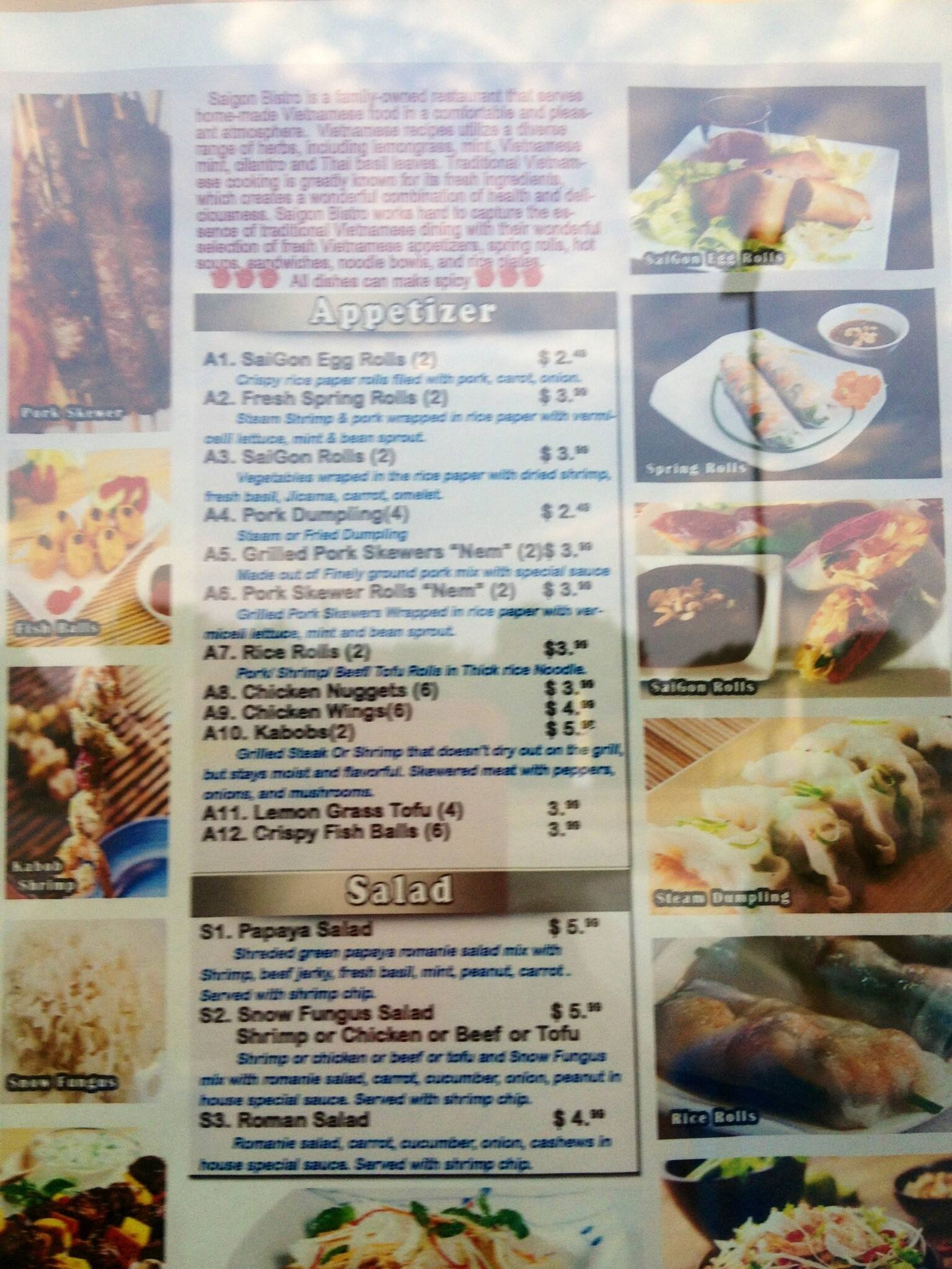 Menu at Saigon Bistro restaurant, Davenport