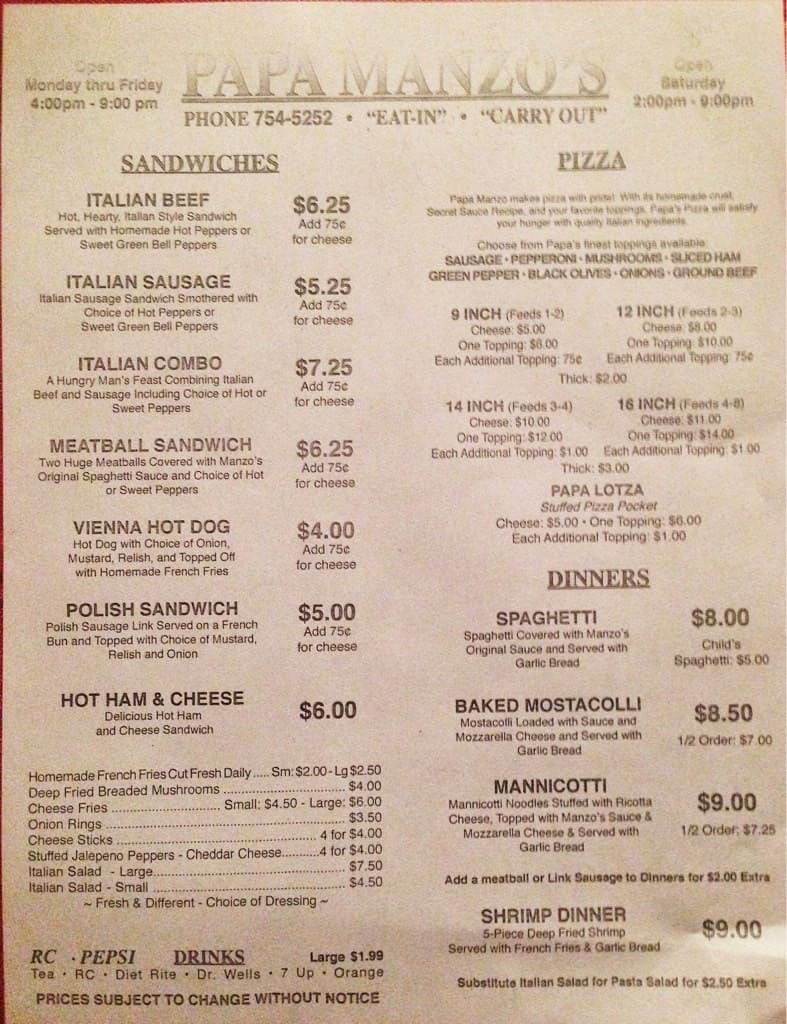 Menu at Papa Manzo's pizzeria, Central City