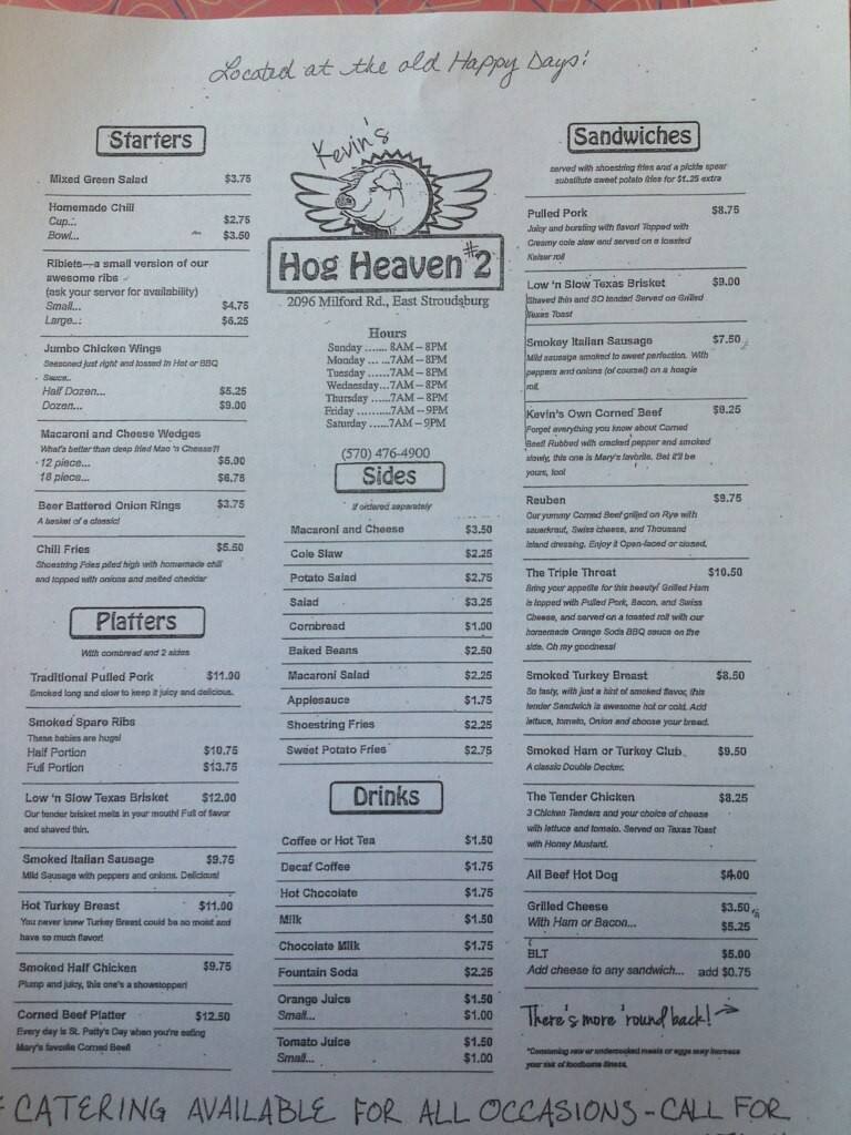 Menu at Kevin's Hog Heaven BBQ, East Stroudsburg, Milford Rd