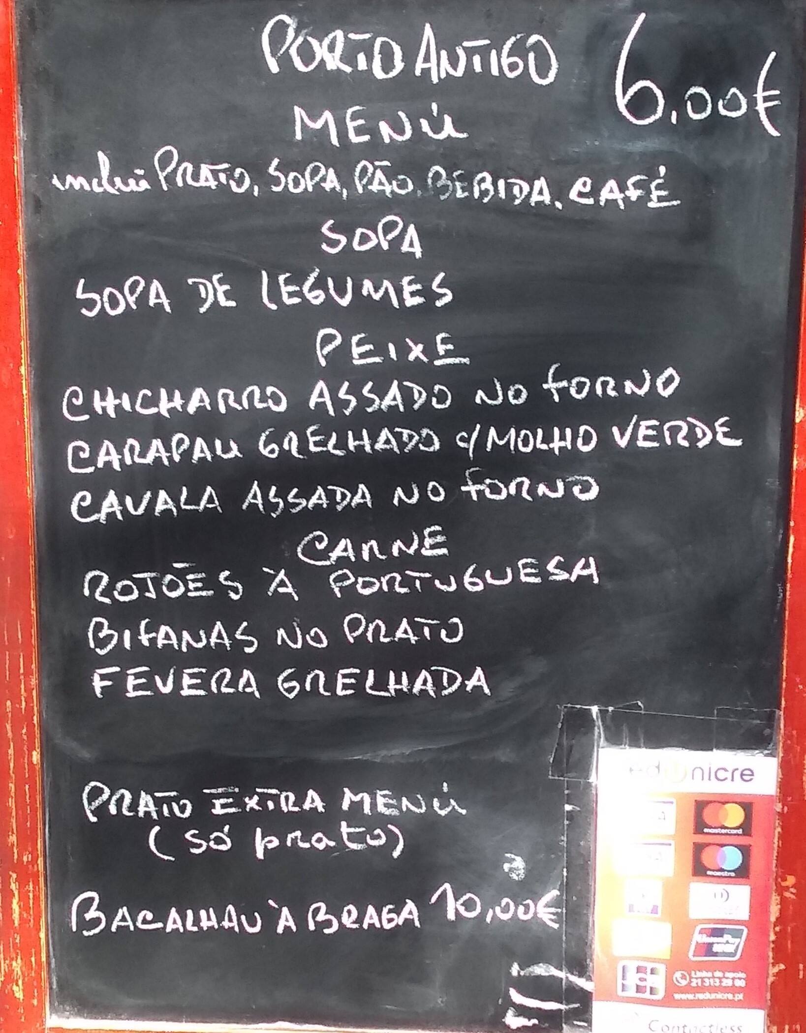 Menu at Porto Antigo restaurant, Porto, Rua Cimo de Vila 74