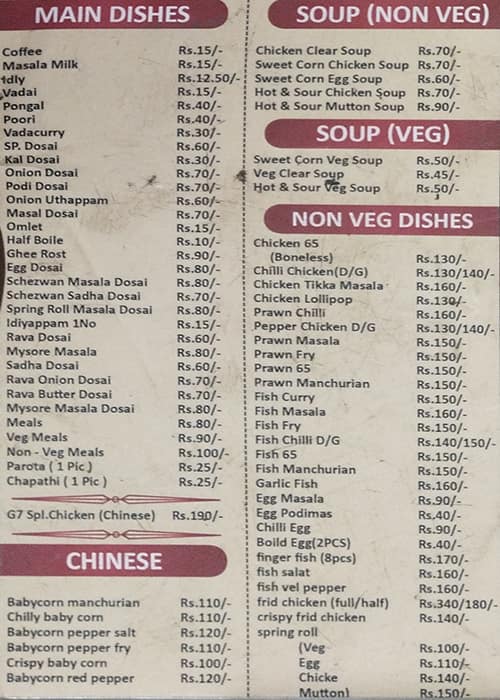 Menu of G7 Hotel, Porur, Chennai