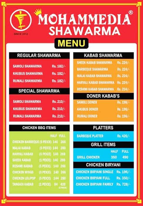 Menu of Mohammedia Shawarma, Kukatpally, Hyderabad