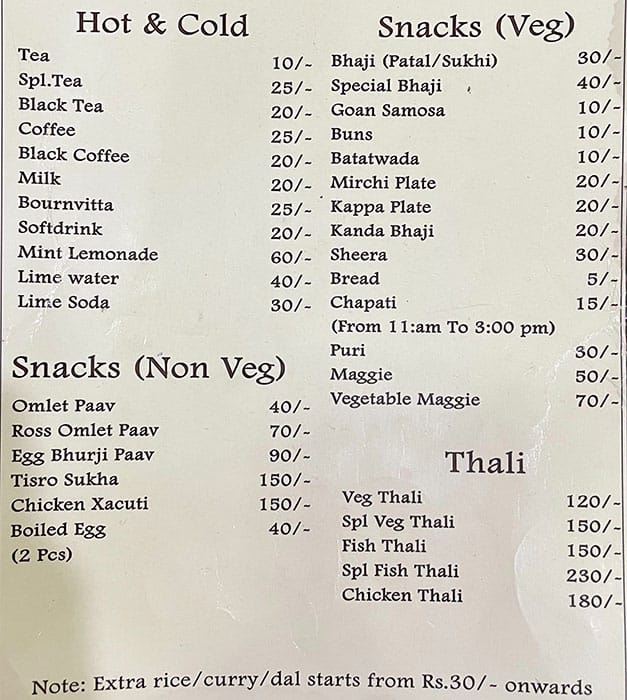 Menu of Cafe Shree, Mapusa, Goa