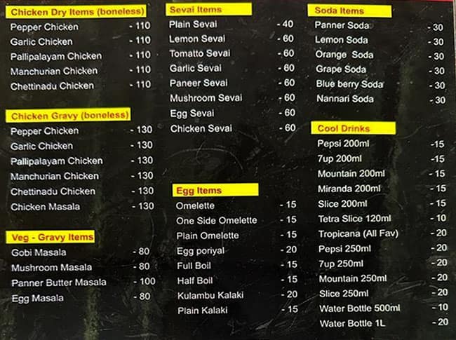 Menu of Venkateswara Mess, Sitra, Coimbatore