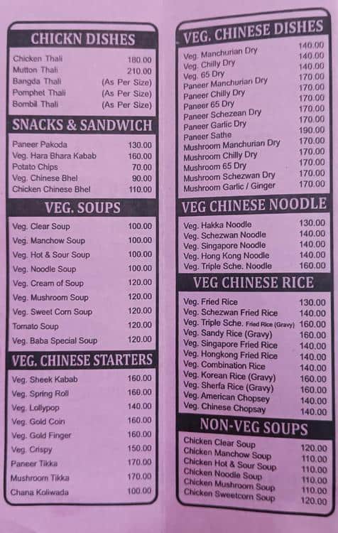 Menu of Hotel Sai Deep, Kalwa, Thane