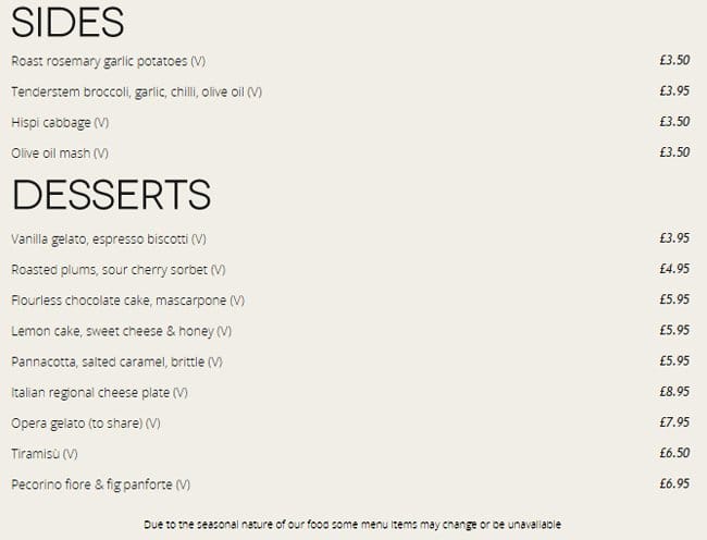 Menu at Orso restaurant, London