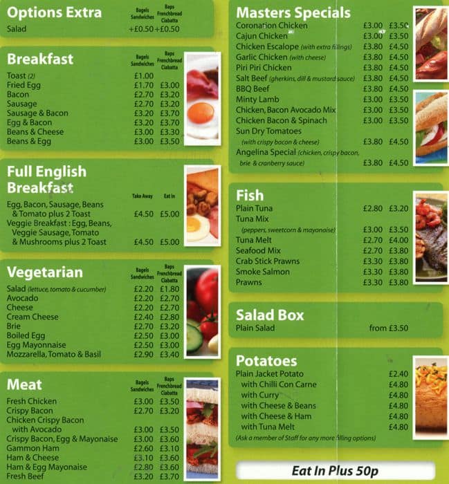 Masters Sandwich Bar Menu, Menu for Masters Sandwich Bar, City of ...