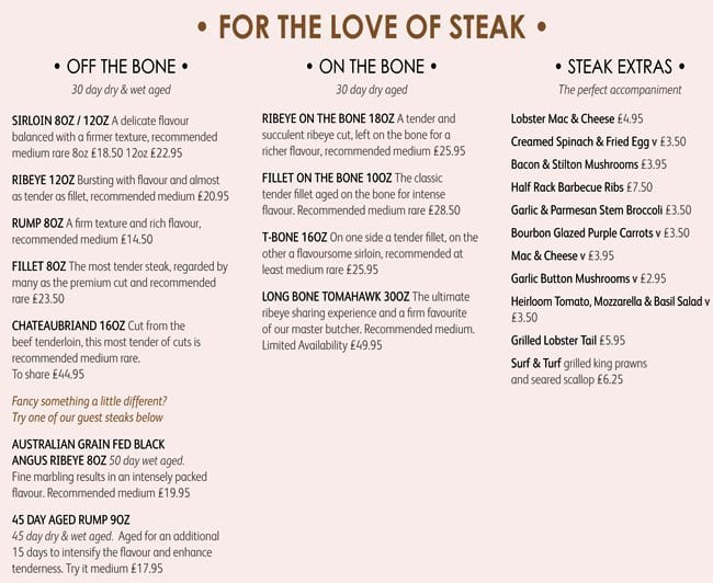 Menu at Miller & Carter steakhouse, Epping