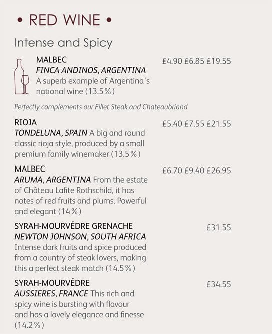 Menu at Miller & Carter steakhouse, Epping