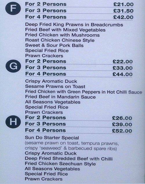 Menu at Sun Do Chinese Takeaway restaurant, Orpington, 85 Queensway