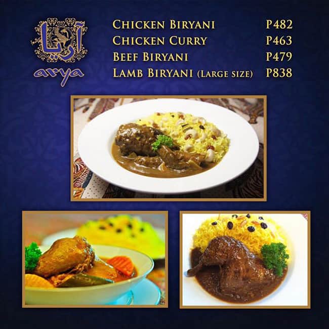 Menu at Arya restaurant, Quezon City