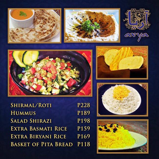 Menu at Arya restaurant, Quezon City