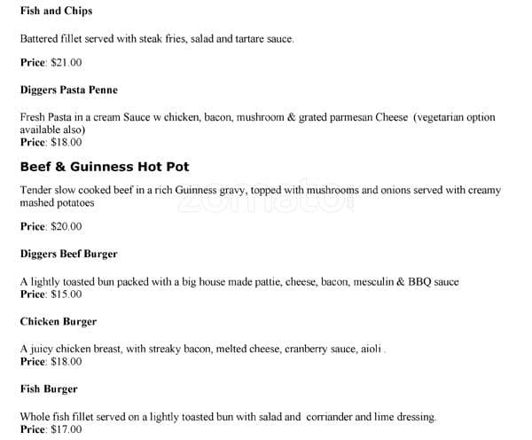 Menu at Diggers Bar, Hamilton