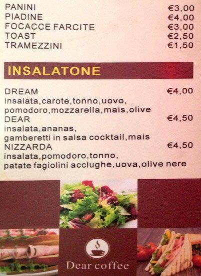Menu at Dear Coffee cafe, Milan