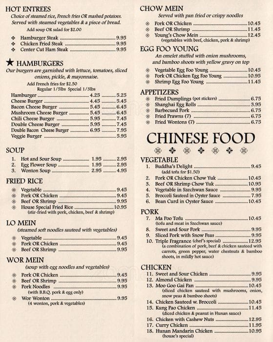 Menu at Young's Restaurant, Seattle