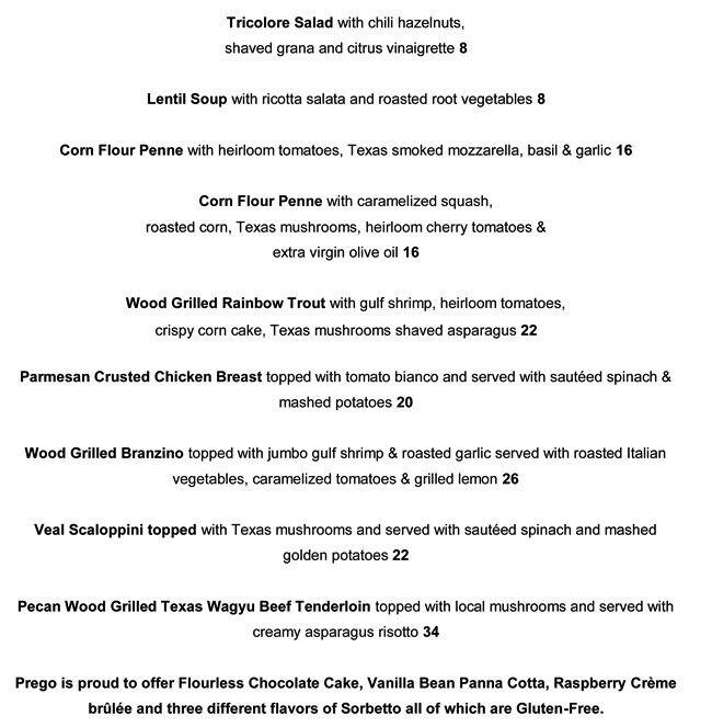 Menu at Prego pizzeria, Houston