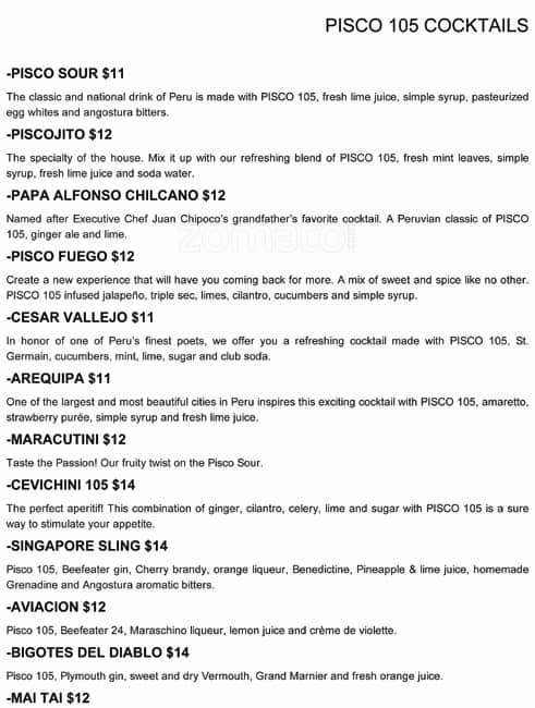 Menu at Ceviche 105 restaurant, Miami