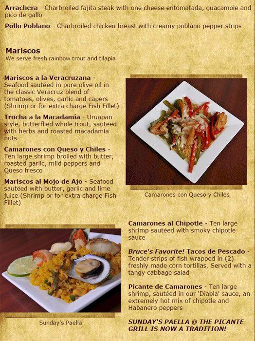 Menu at Picante Grill restaurant, San Antonio