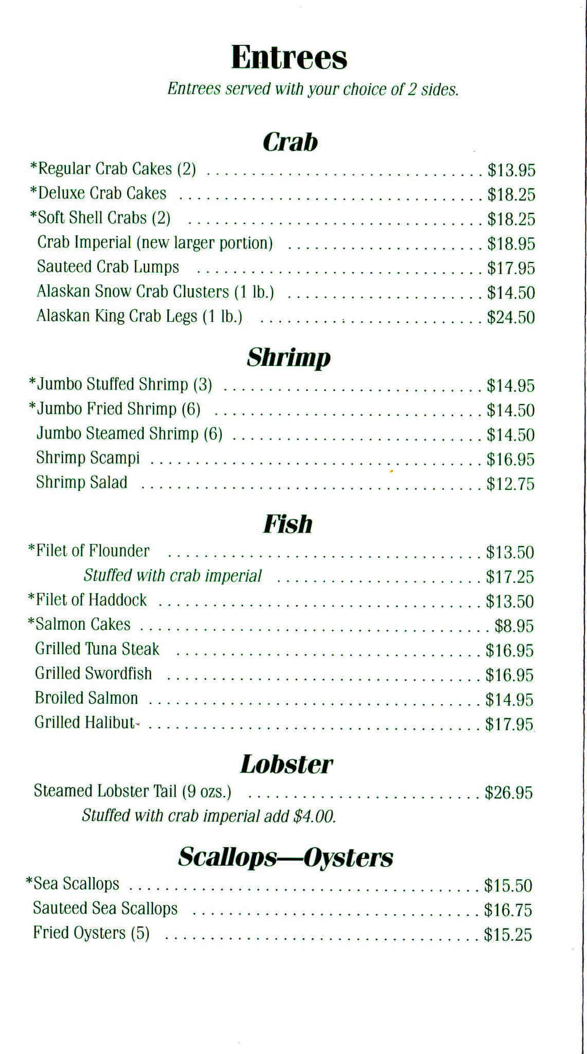 Menu at Chic's Seafood restaurant, Hagerstown