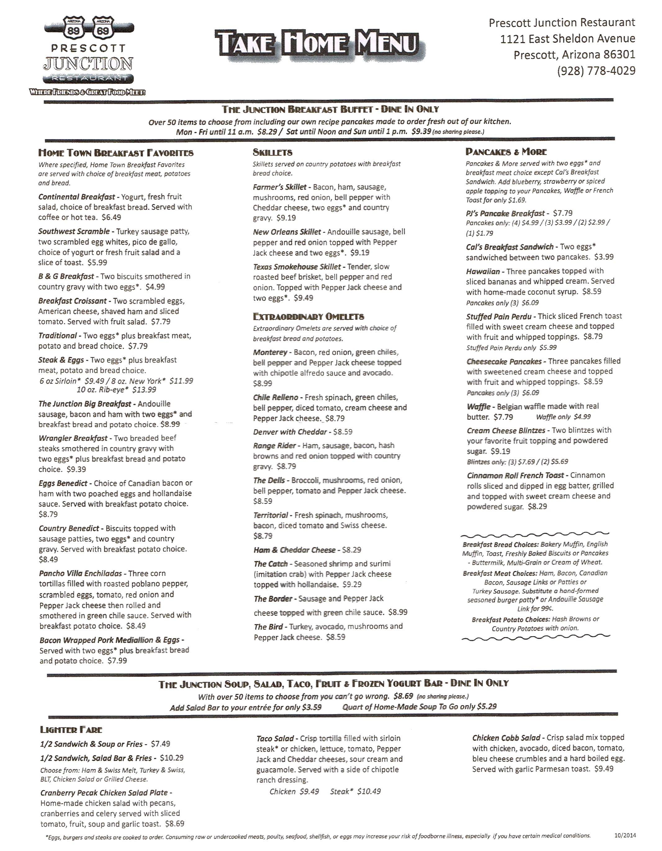 Menu at Prescott Junction restaurant, Prescott