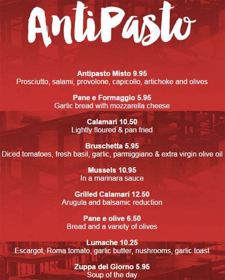 Menu at Avanti pizzeria, Oshawa