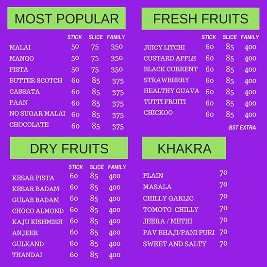 Menu of Kulfi Shulfi - Bombay Kulfis, Bommanahalli, Bangalore