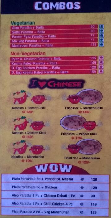 Menu at Paratha House, Patna