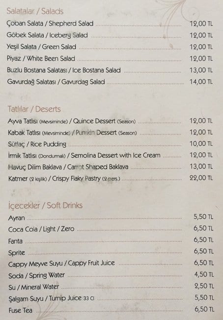 Menu at Günaydın, Istanbul, Mecidiyeköy