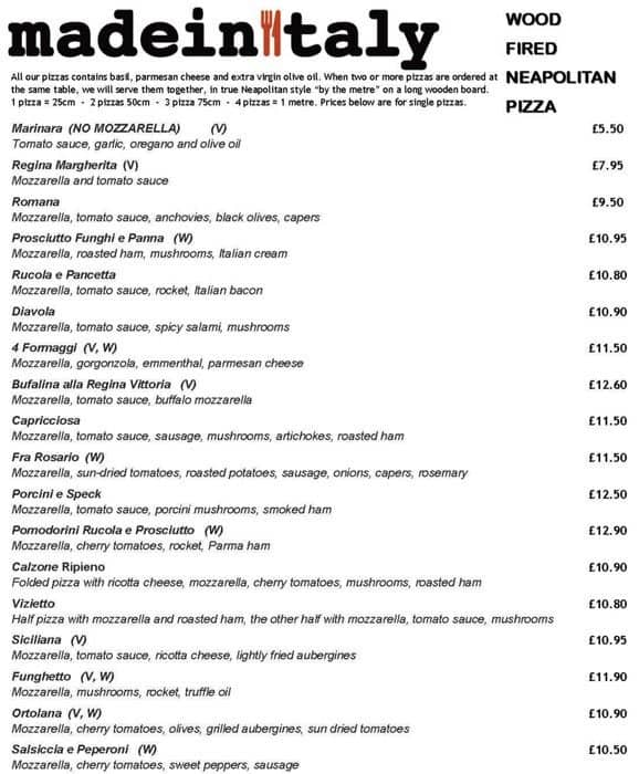 Menu at Santa Lucia pizzeria, London