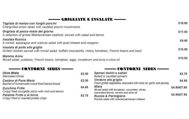 Menu at Santa Lucia pizzeria, London