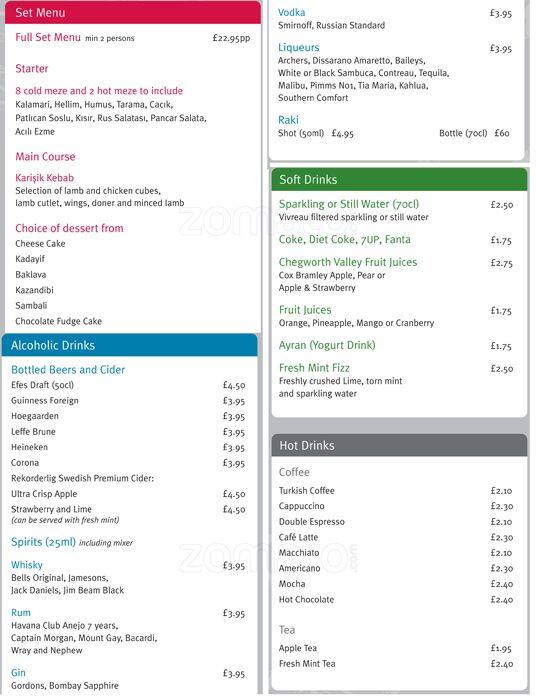 Menu at Mekan restaurant, London, 13 Bromley Rd