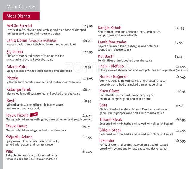 Menu at Mekan restaurant, London, 13 Bromley Rd