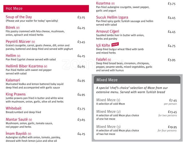 Menu at Mekan restaurant, London, 13 Bromley Rd