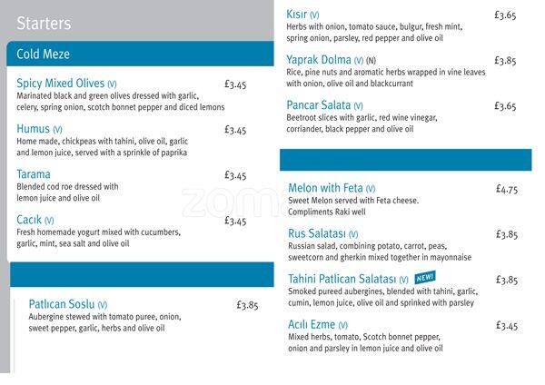 Menu at Mekan restaurant, London, 13 Bromley Rd