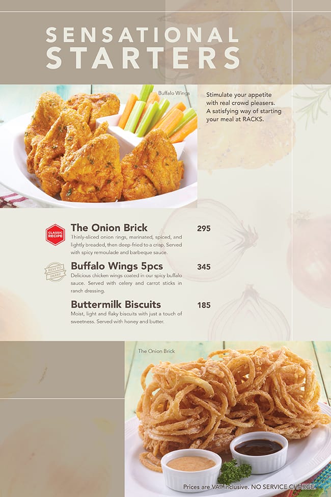 Menu at Racks restaurant, Manila, G/F