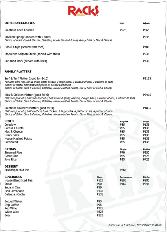 Menu at RACKS, Cebu City, Upper Ground Floor