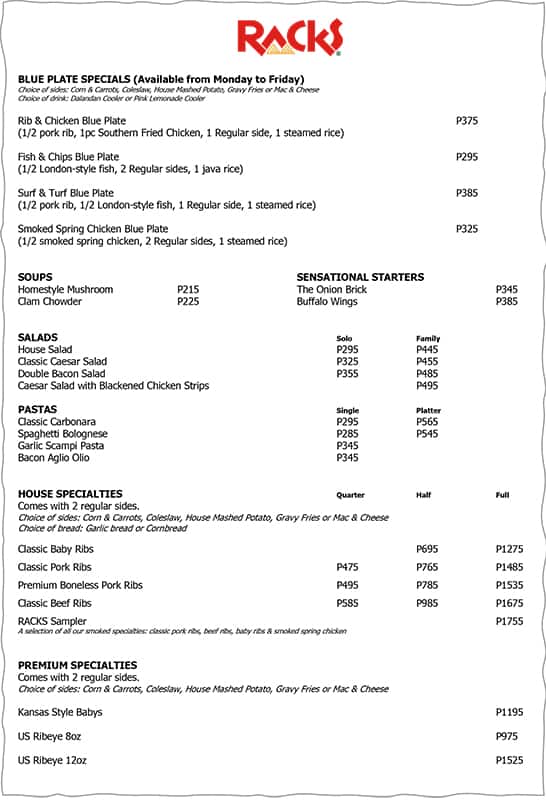 Menu at RACKS, Cebu City, Upper Ground Floor