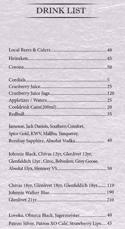 Menu at The Sands pub & bar, Sandton