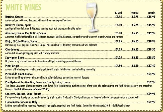 Menu at Dimitri's Tapas restaurant, Manchester