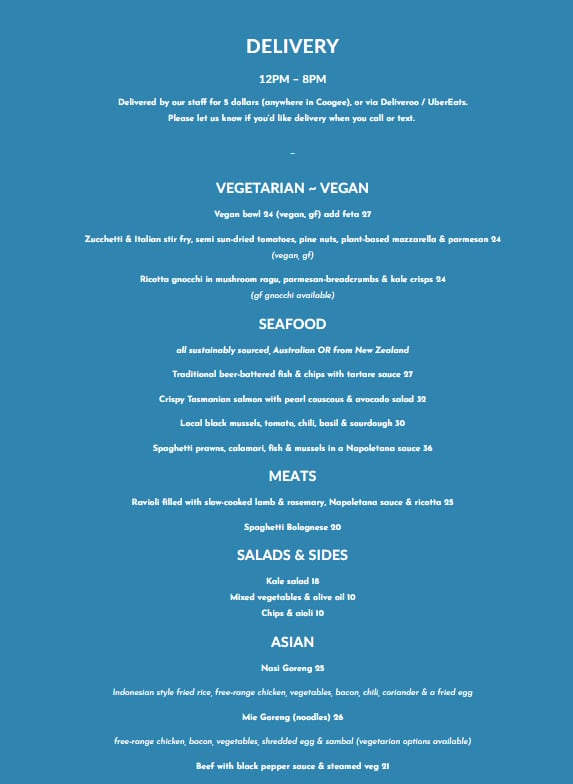 Menu at Barzura, Coogee