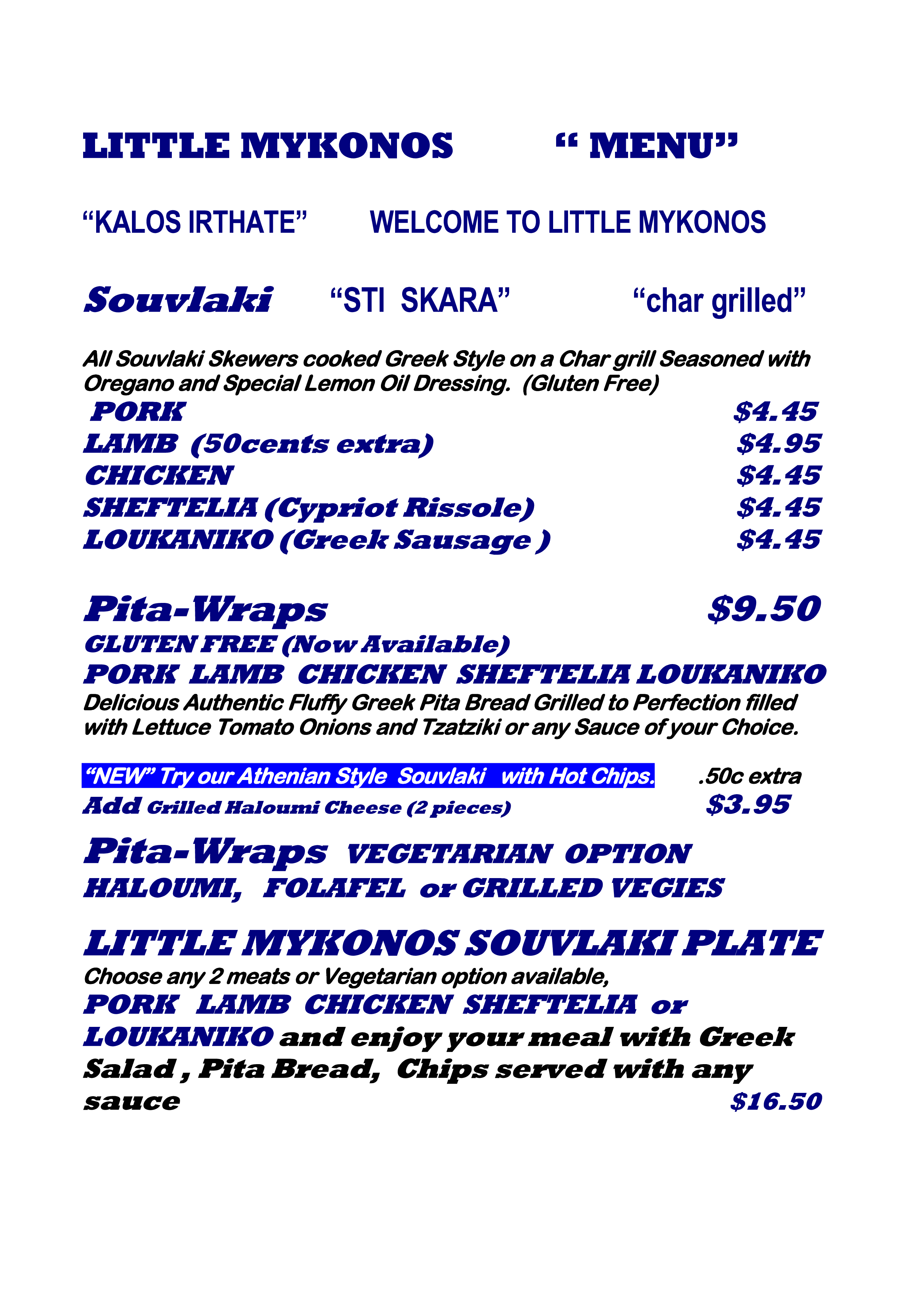 Menu at Little Mykonos fast food, Spring Hill