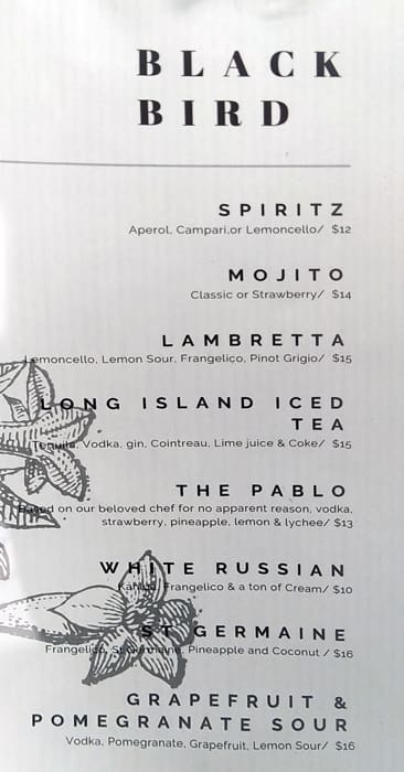 Menu at Blackbird Restaurant, East Perth