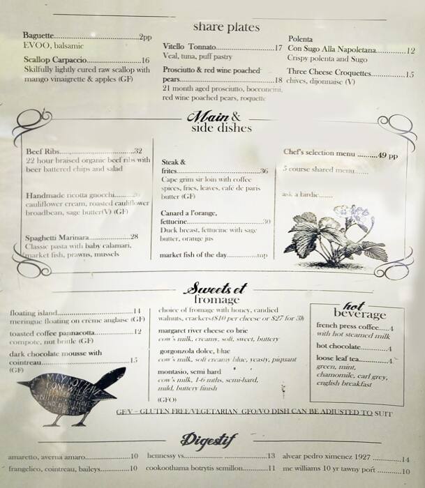 Menu at Blackbird Restaurant, East Perth