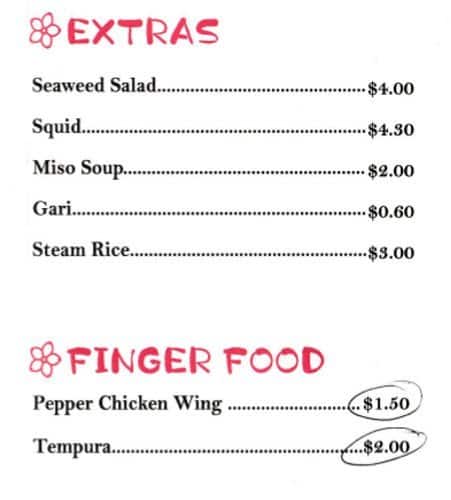 Menu at Meshiya Japanese Cuisine restaurant, Whiteman