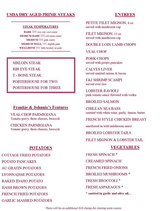 Menu at Frankie & Johnnie's Steakhouse, West New York, 320 W 46th St