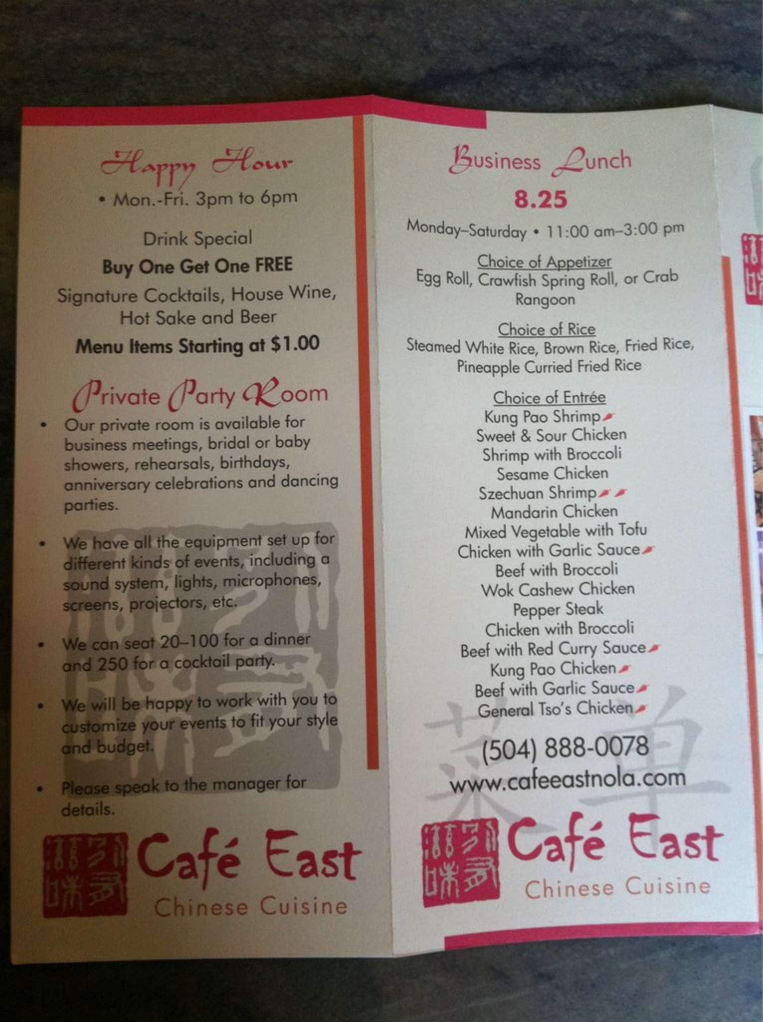 Menu at Cafe East, Metairie